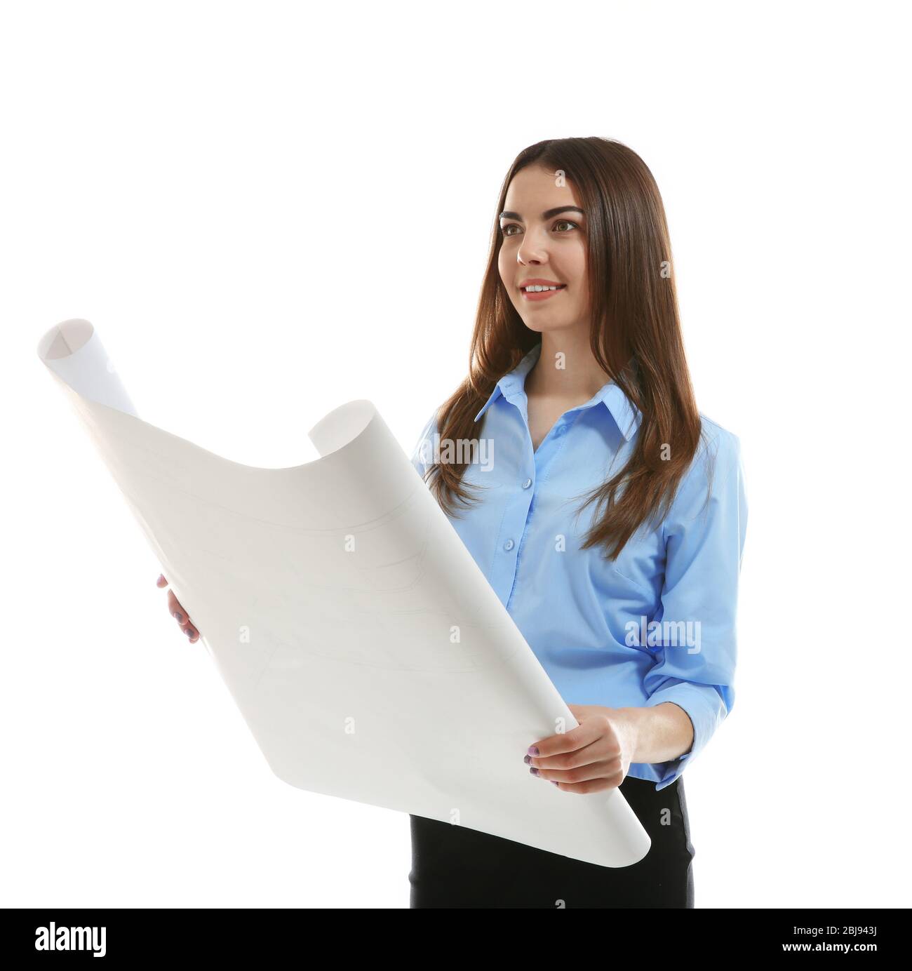 Woman holding engineering blueprint isolated on white Stock Photo - Alamy