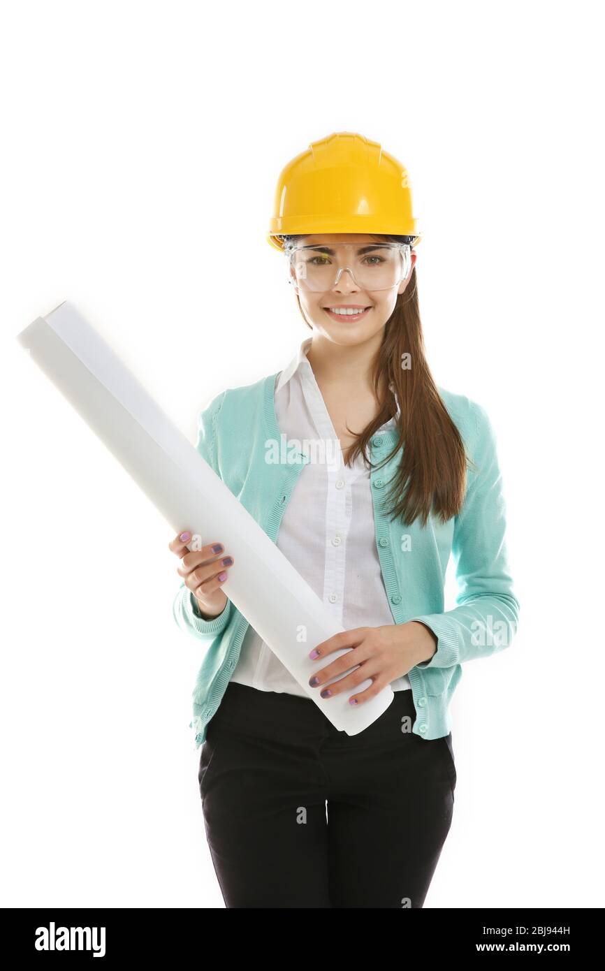 Female engineer with blueprint isolated on white Stock Photo - Alamy