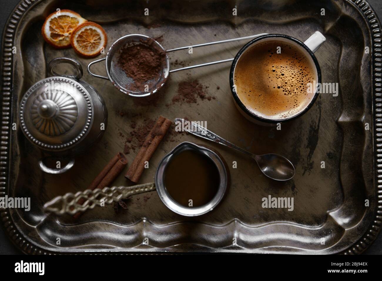 Coffee set on silver tray Stock Photo - Alamy