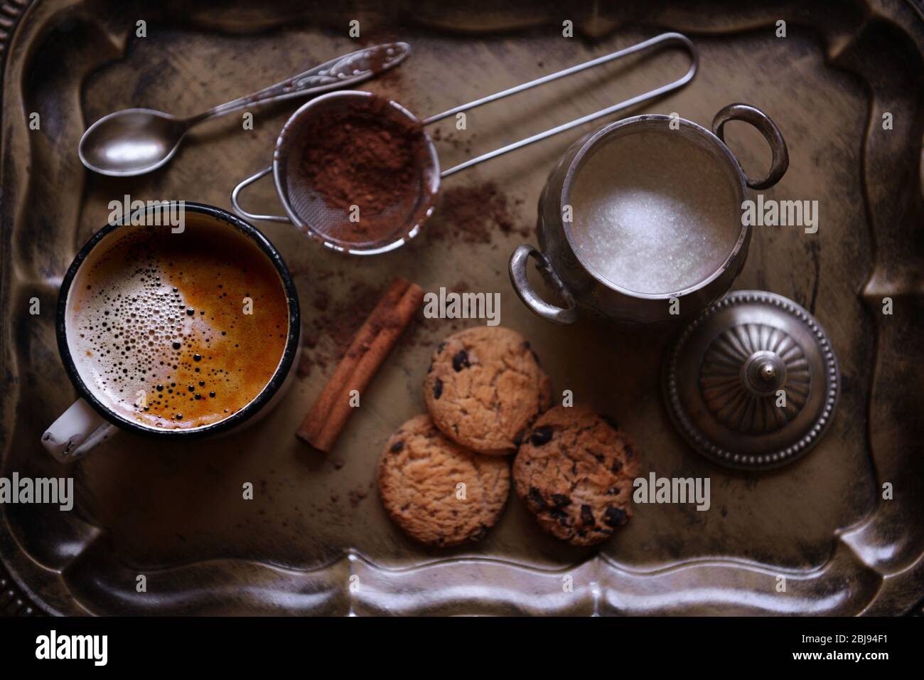 Coffee set on silver tray Stock Photo - Alamy