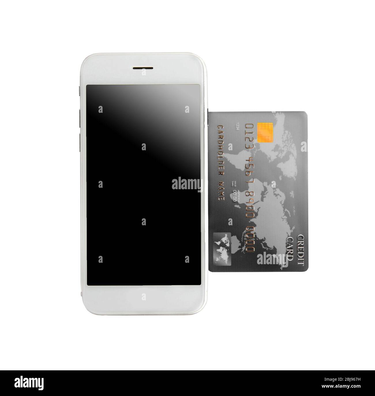 Credit card with phone on white background Stock Photo - Alamy
