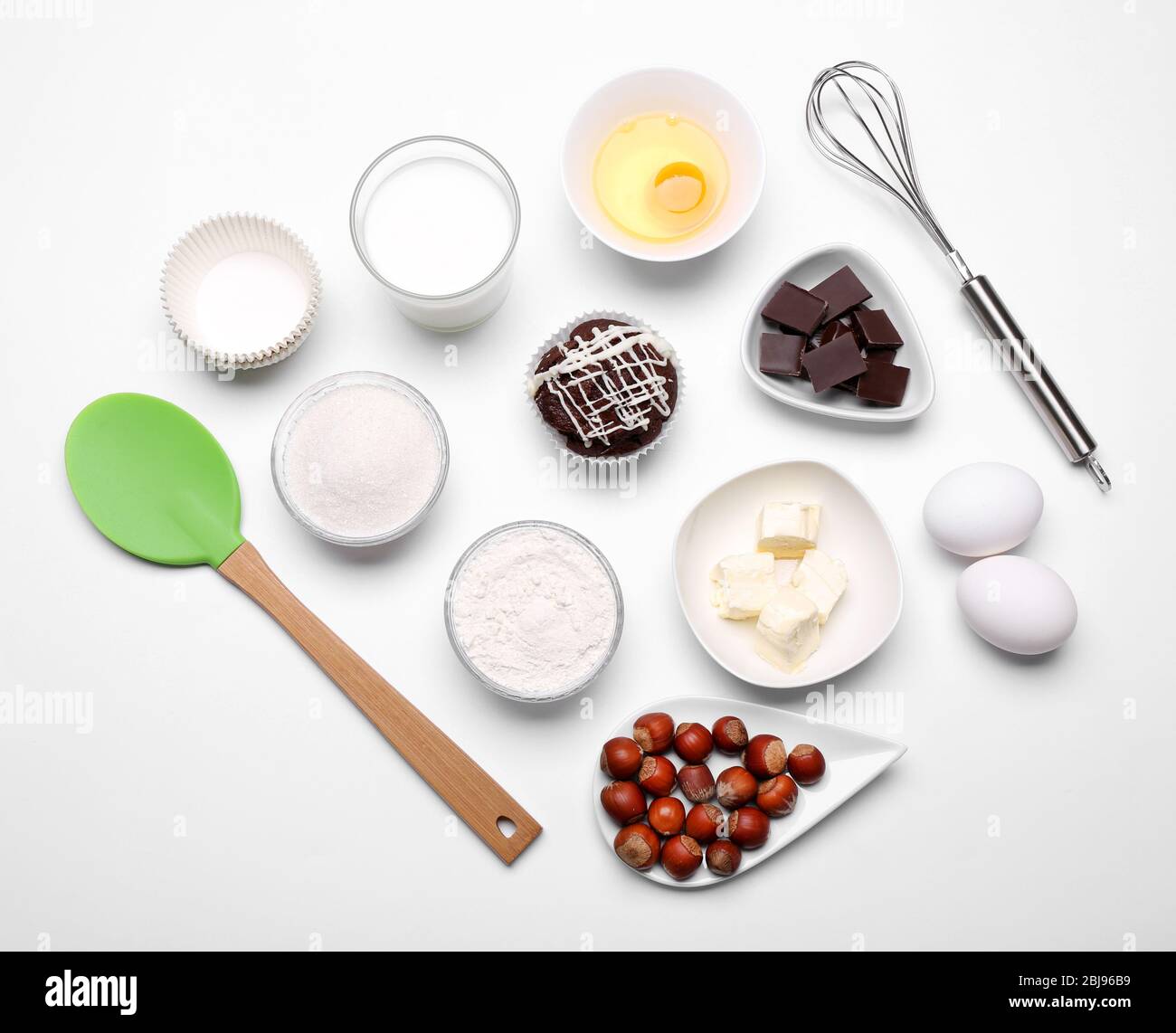 Cake ingredients on white table. Flat lay Stock Photo - Alamy