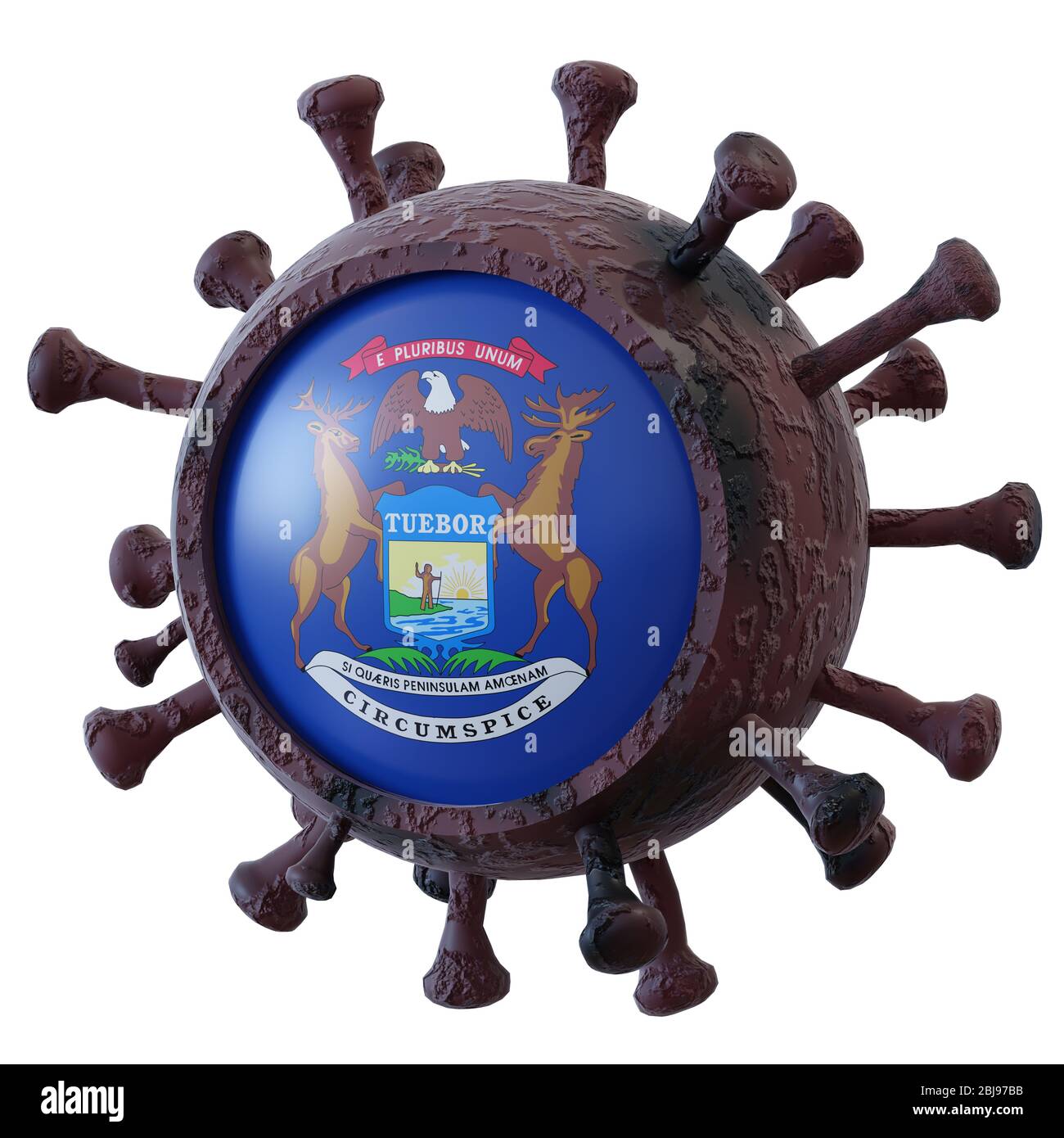 3d rendering of a Michigan State USA flag over a virus covid19. Concept ...