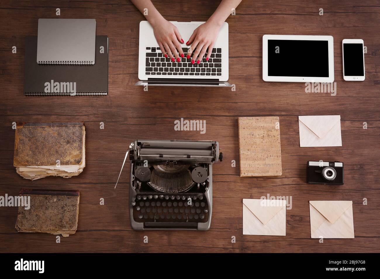Old typewriter and laptop. Concept of technology progress Stock Photo ...