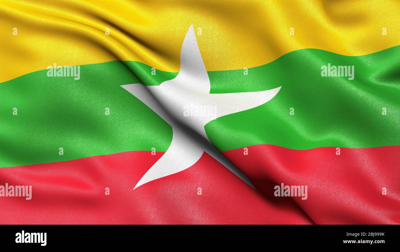 3D illustration of the flag of Myanmar waving in the wind Stock Photo ...