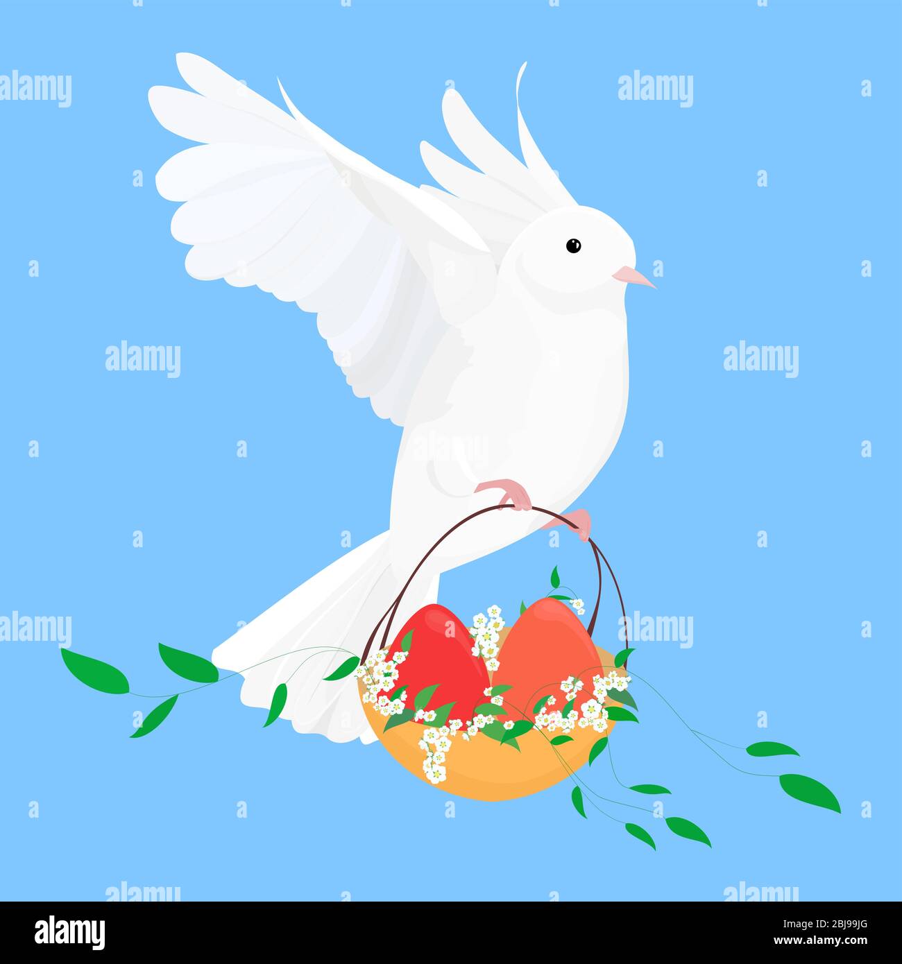 Dove with a basket of red easter eggs and flower. flying . White pigeon ...