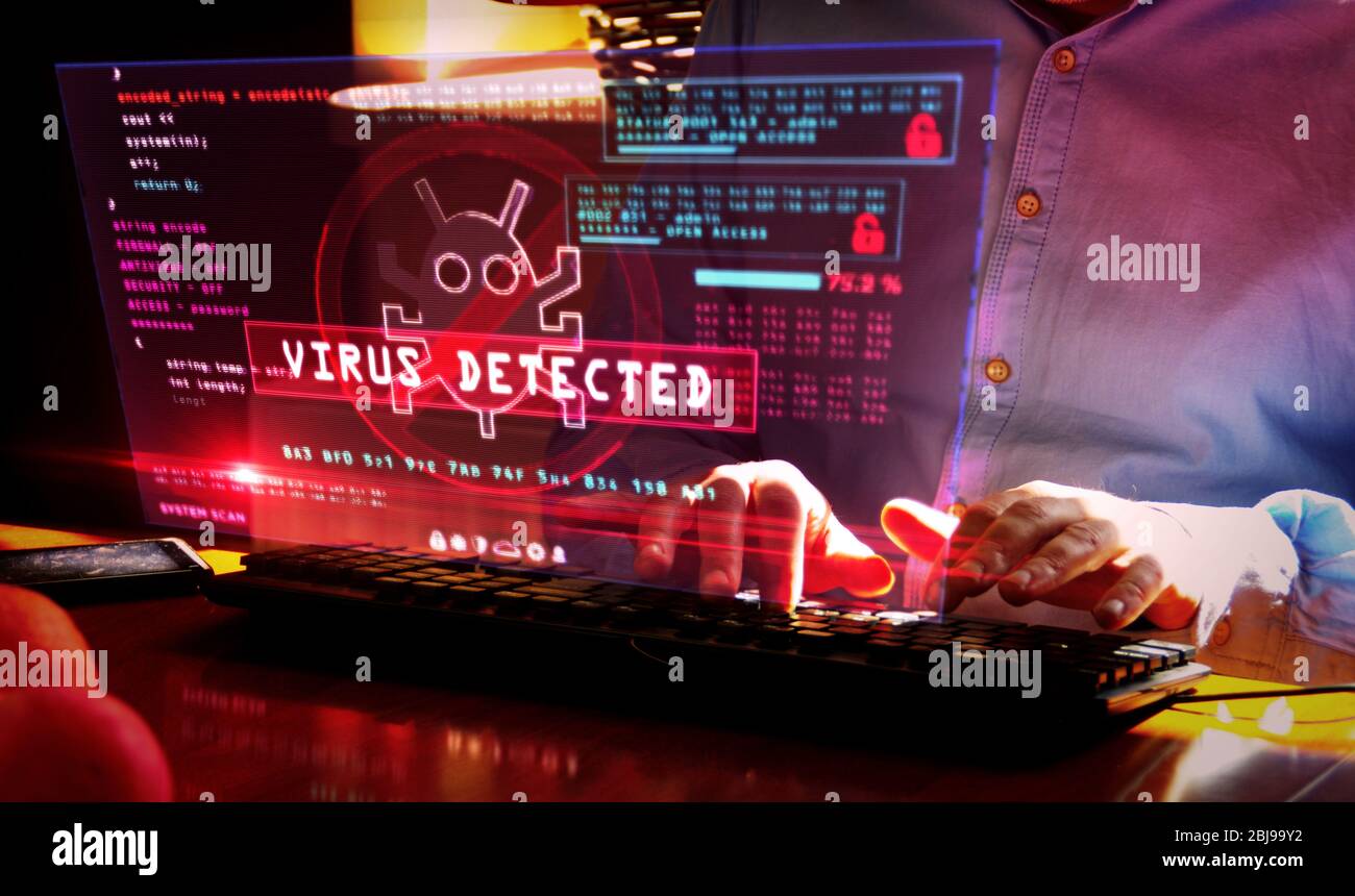Virus Detected Alert On Computer Screen Cyber Security Breach Warning With Worm Symbol And