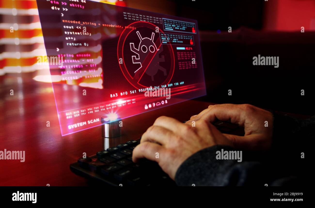 Virus Detected Alert Camera Moves Around Hud Display And Man Typing Keyboard Cyber Security