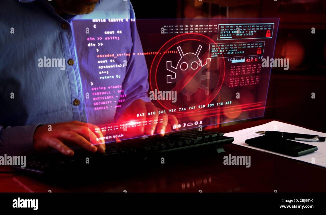 Virus Detected Alert Camera Moves Around Hud Display And Man Typing Keyboard Cyber Security