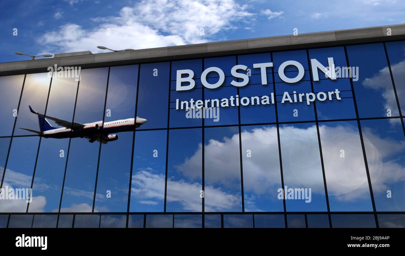 Jet aircraft landing at Boston, Massachusetts, USA 3D rendering ...