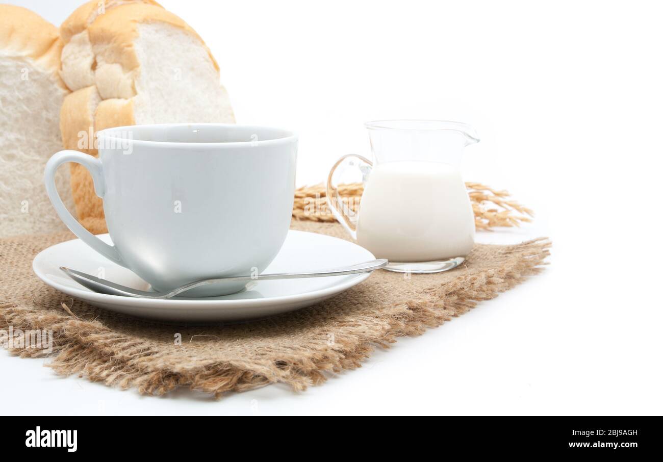 Beautiful breakfast with coffee and bread isolated Stock Photo - Alamy
