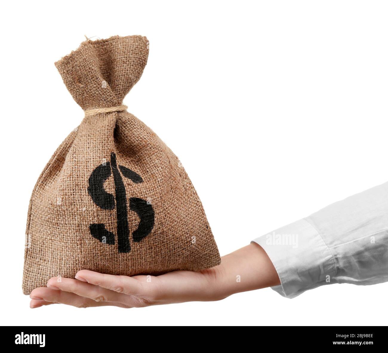 Hand holding money bag, isolated on white Stock Photo - Alamy
