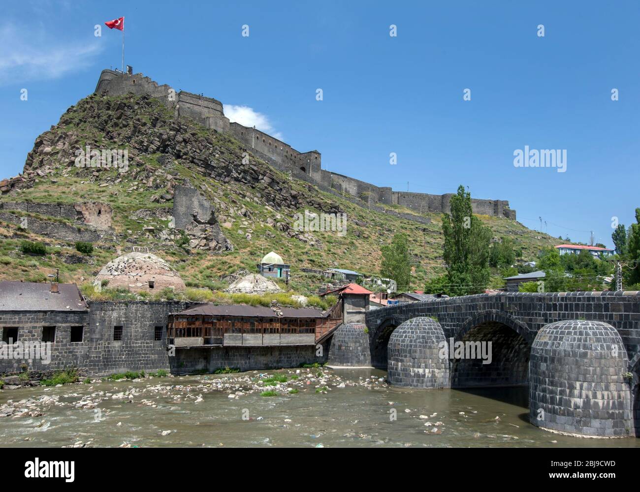 A view showing Taskopru (Stone Bridge) built over the Kars River at ...