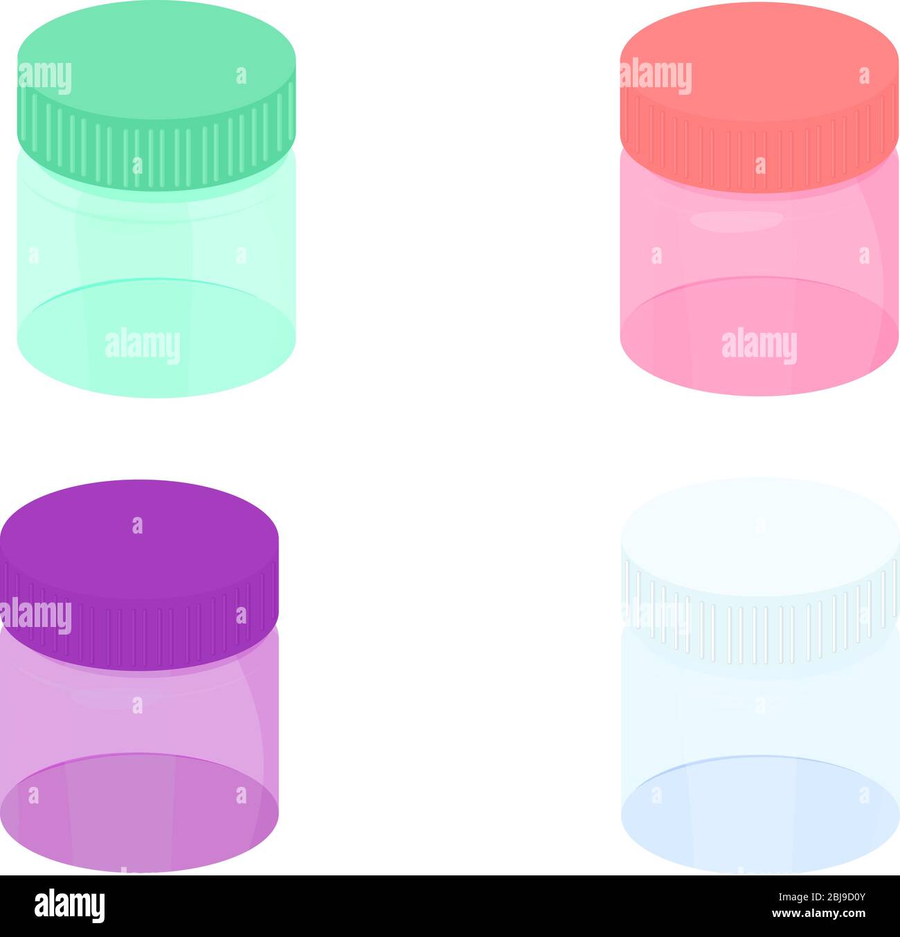 set of multi-colored transparent small jars with a closed lid isolated ...
