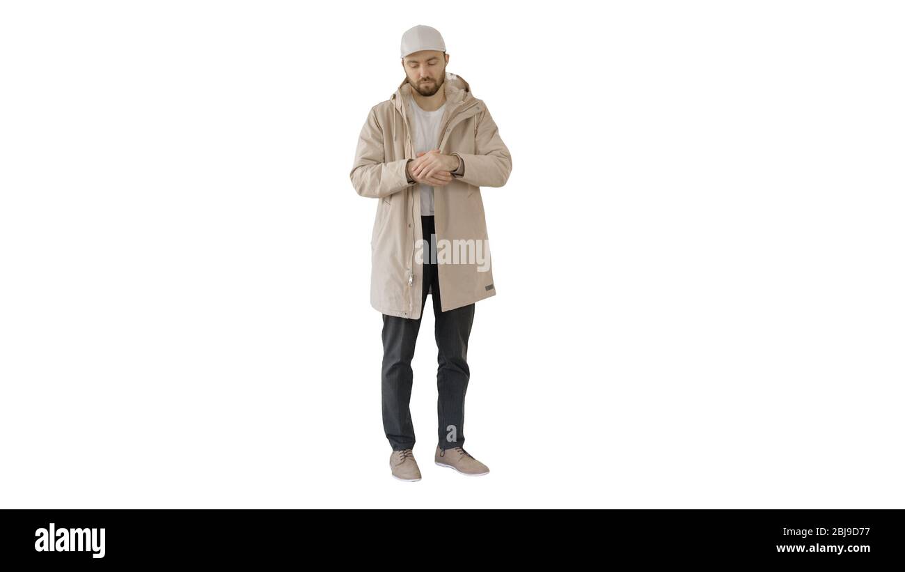 Young man using skin sanitizer to protection hisself from virus on ...