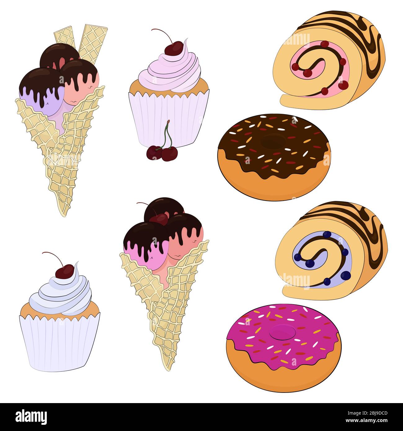 set of colorful sweet food. Donut, ice cream, cakes and chocolate roll ...