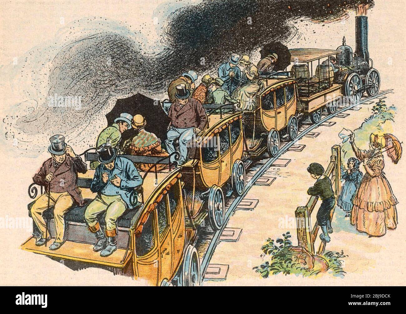 STEAM RAILWAY about 1820 showing passengers enduring the smoke and dirt ...