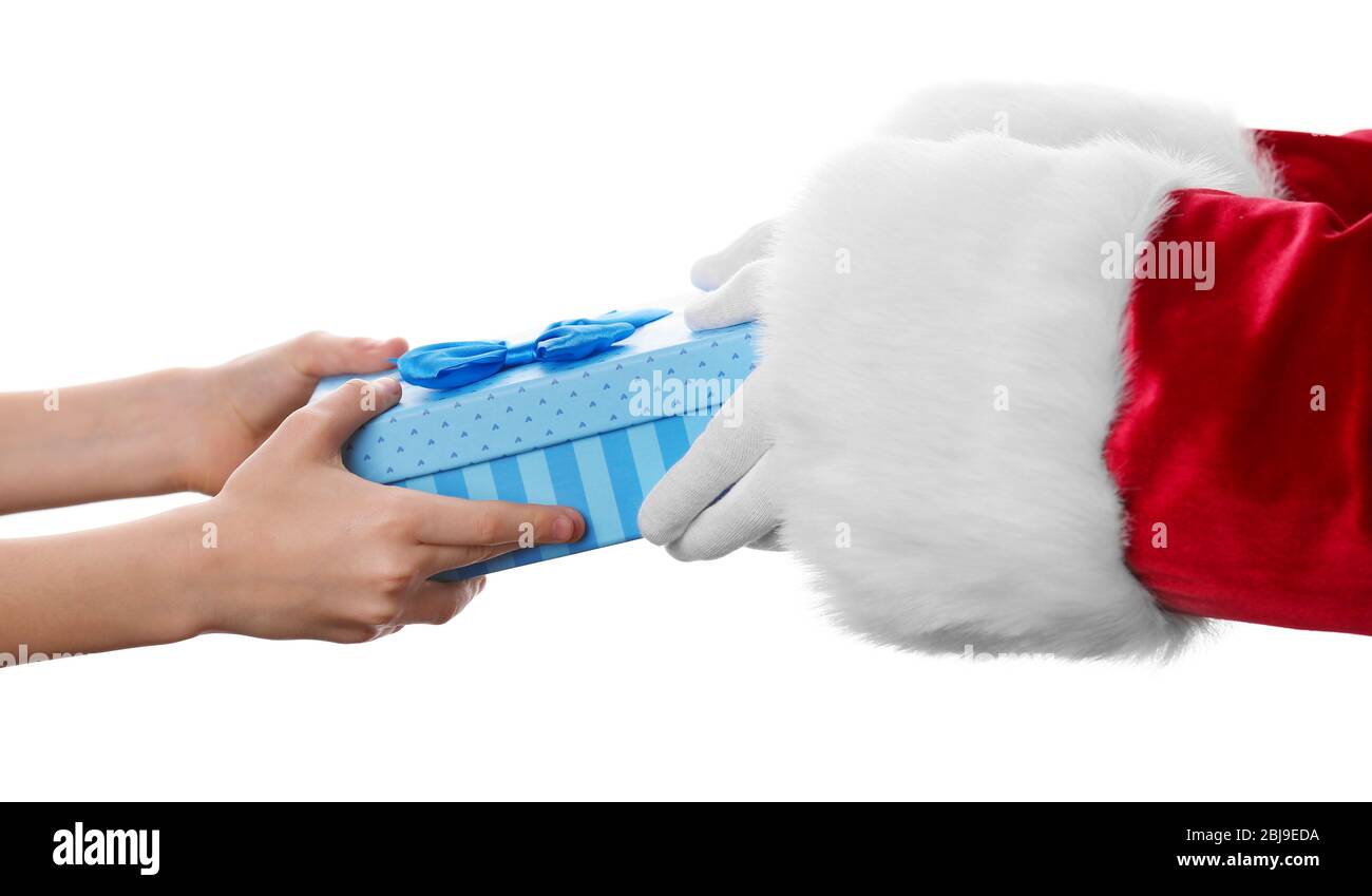 Santa hands give present to kid, isolated on white Stock Photo - Alamy