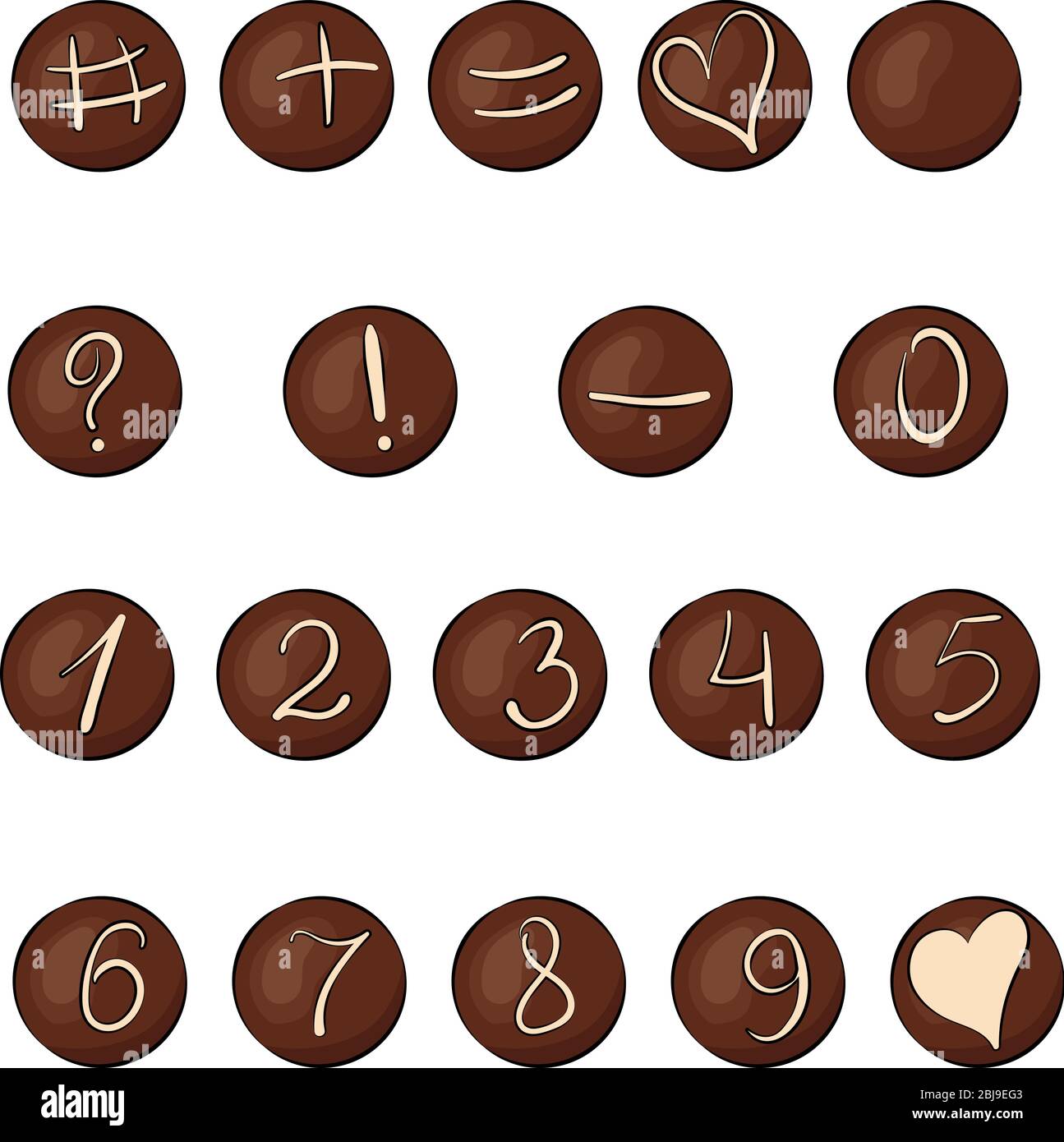 Set of round chocolate sweets with numbers and symbols. candies ...