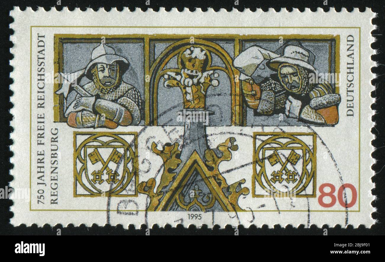 GERMANY- CIRCA 1995: stamp printed by Germany, shows City of Regensburg ...