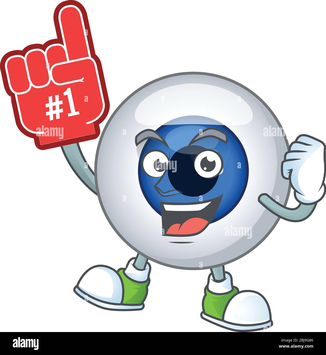 Cartoon character concept of human eye ball holding red foam finger ...