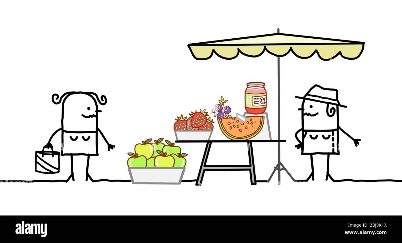 hand drawn Cartoon producer selling organic fruits on a market store ...
