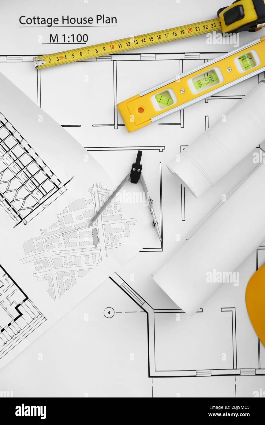 Construction drawings and engineering tools, top view Stock Photo - Alamy
