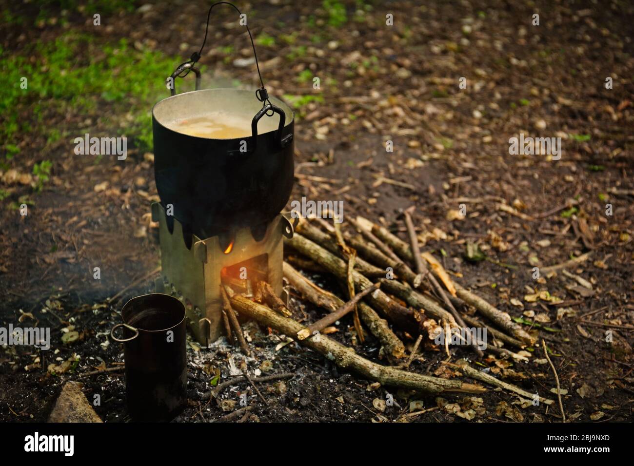 Cooking food on fire in forest Stock Photo - Alamy