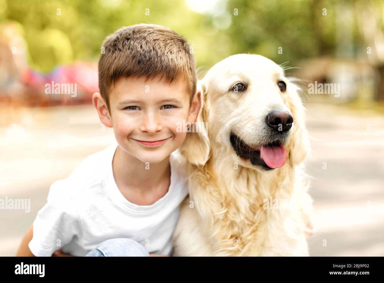 Small boy and cute dog on street Stock Photo - Alamy