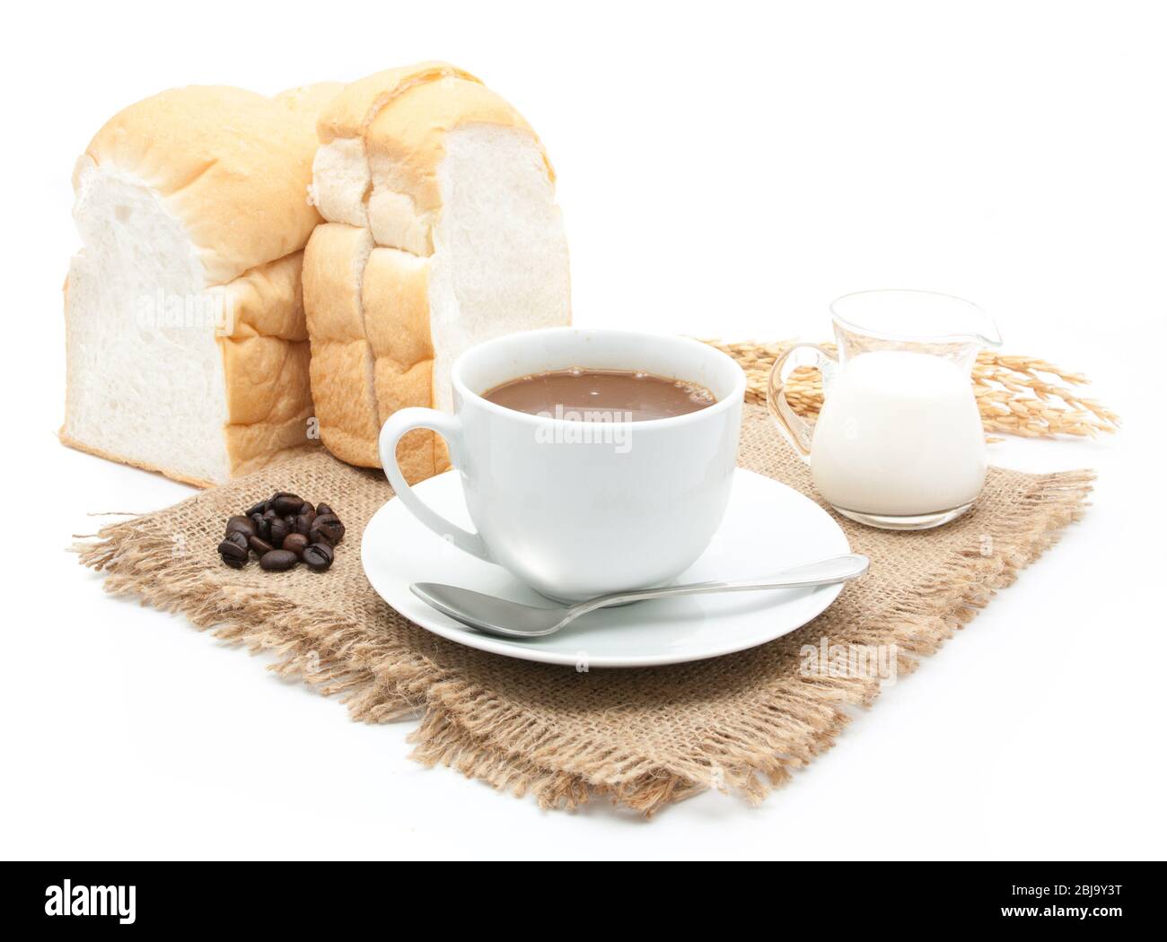 Beautiful breakfast with coffee and bread isolated Stock Photo - Alamy