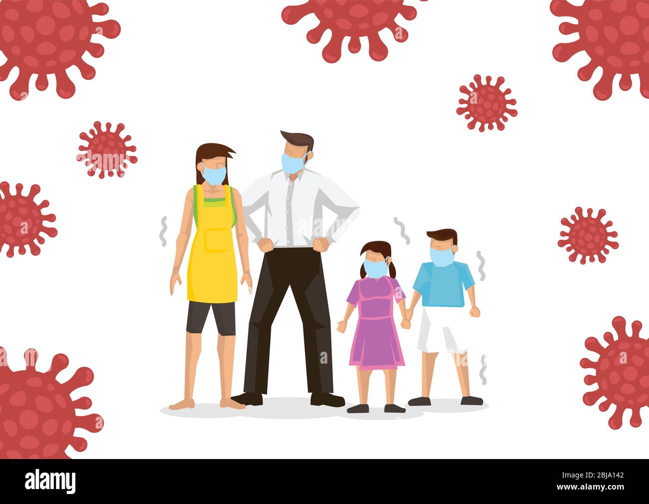 Dad Mom Daughter Son wearing protective medical mask to prevent ...