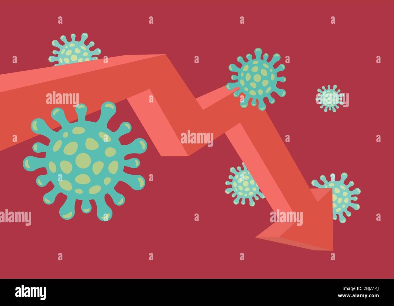 Downtrend arrow with infectious coronavirus isolated on a red ...
