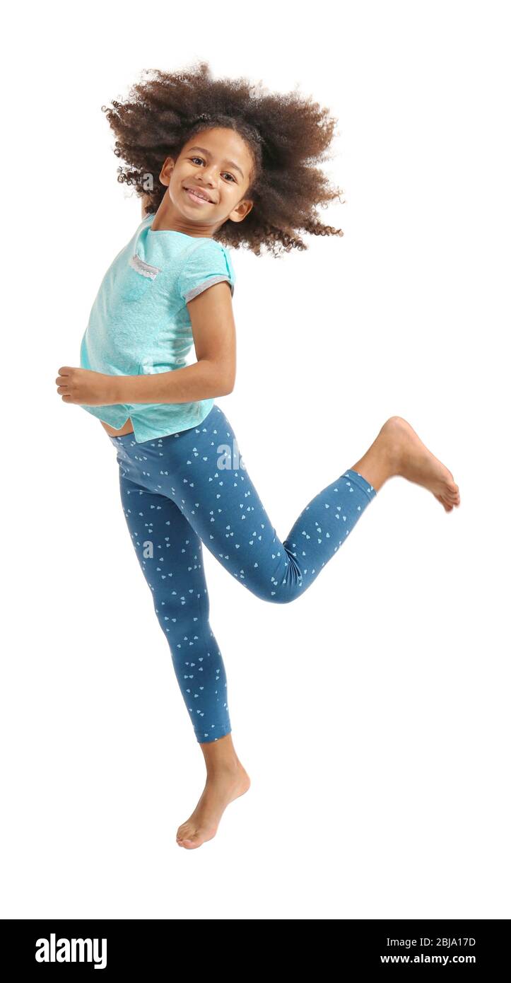 Happy African girl jumping, isolated on white Stock Photo - Alamy