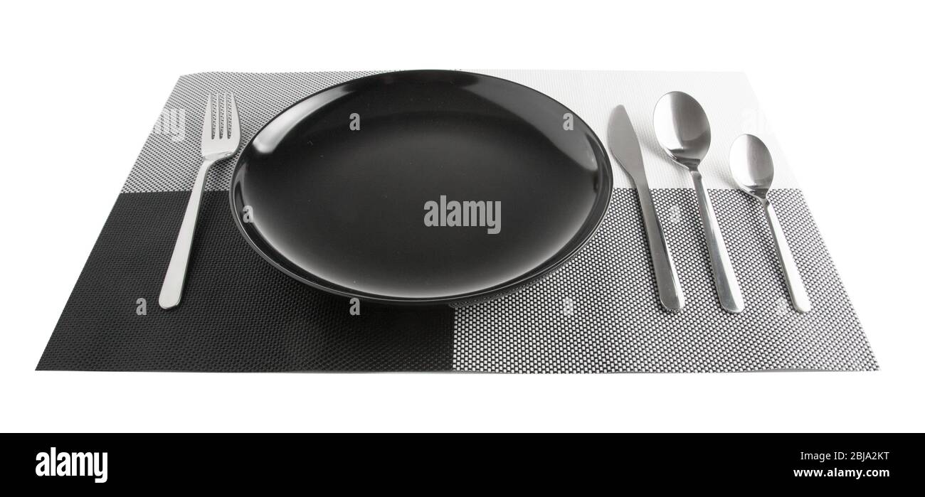 silverware or flatware set and plates isolated on white background ...
