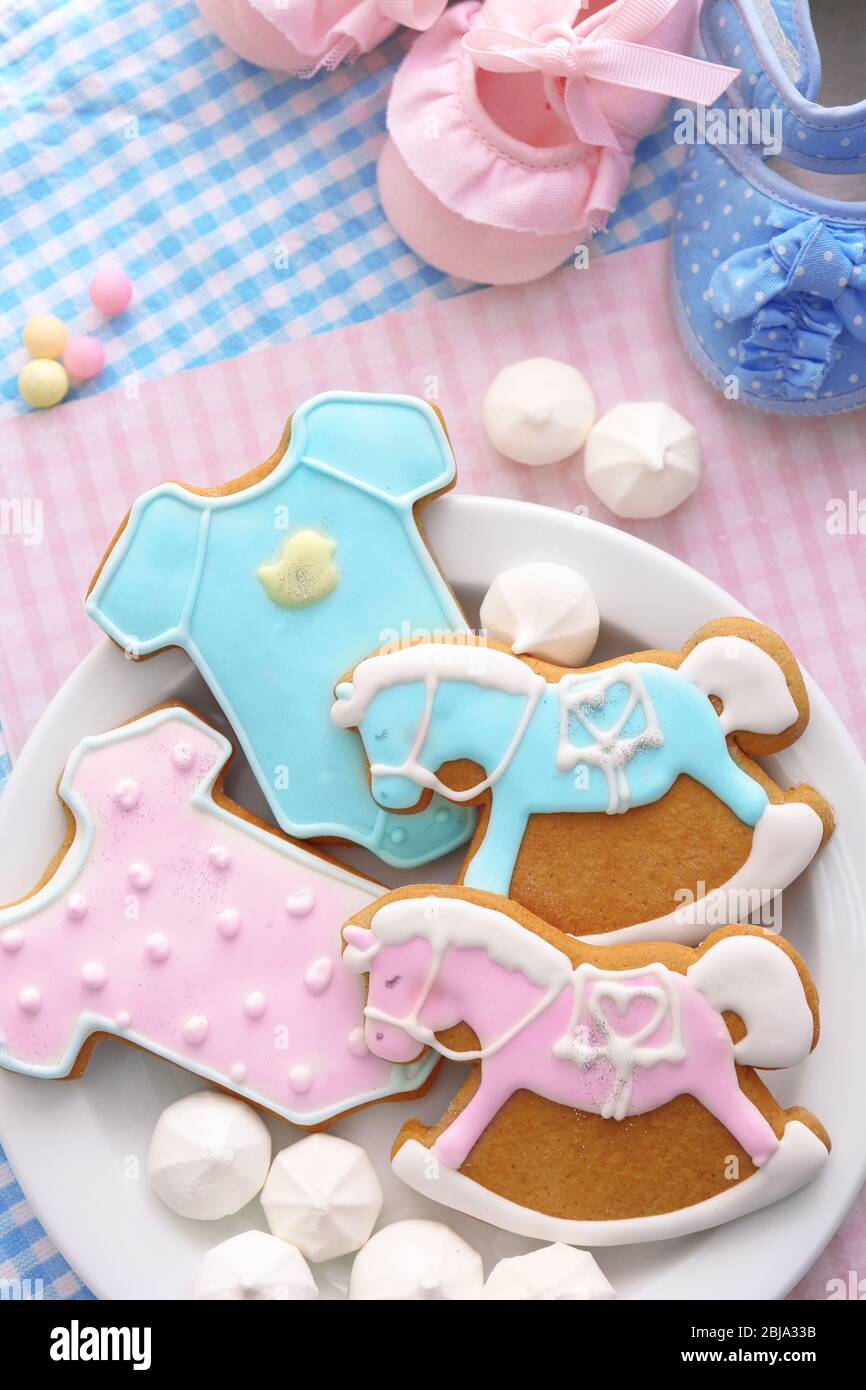 Delicious baby shower cookies, closeup Stock Photo - Alamy