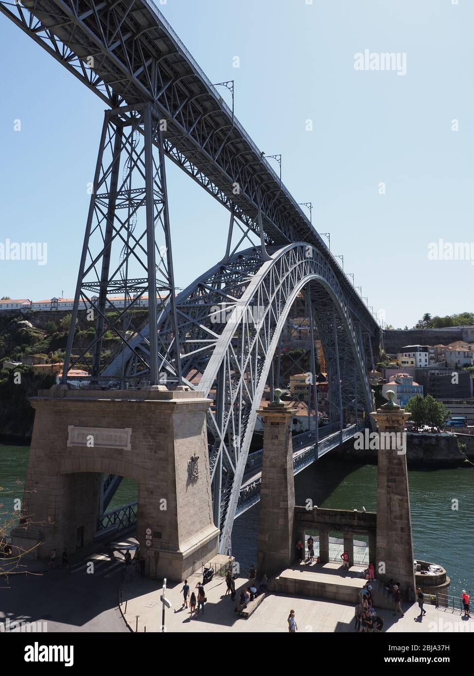 Double-deck iron bridge in Ribeira in Porto city in Portugal - vertical ...