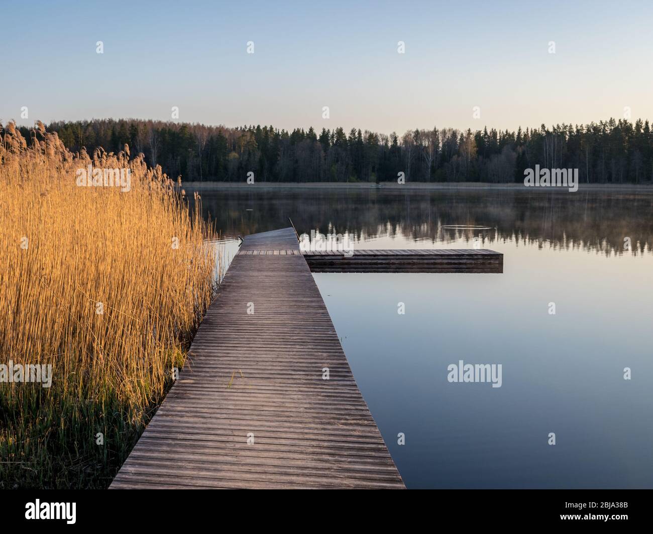 peaceful spring landscape with a wooden footbridge in the lake, empty ...