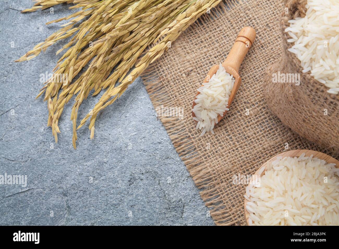 thai fragrant jasmine rice in a bowl with gold spike on Sack Stock ...