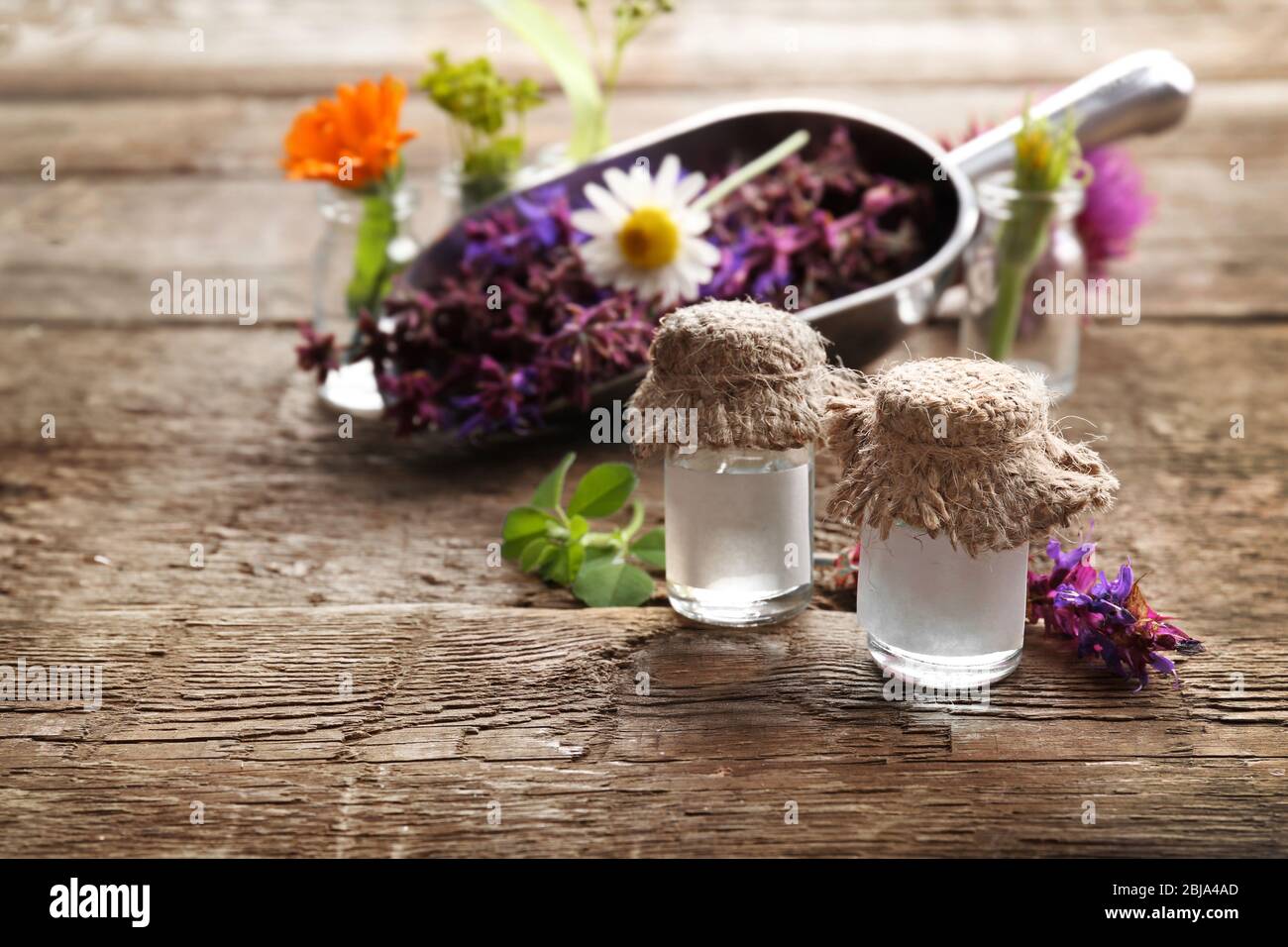Composition with healing flowers and small glass bottles on wooden ...