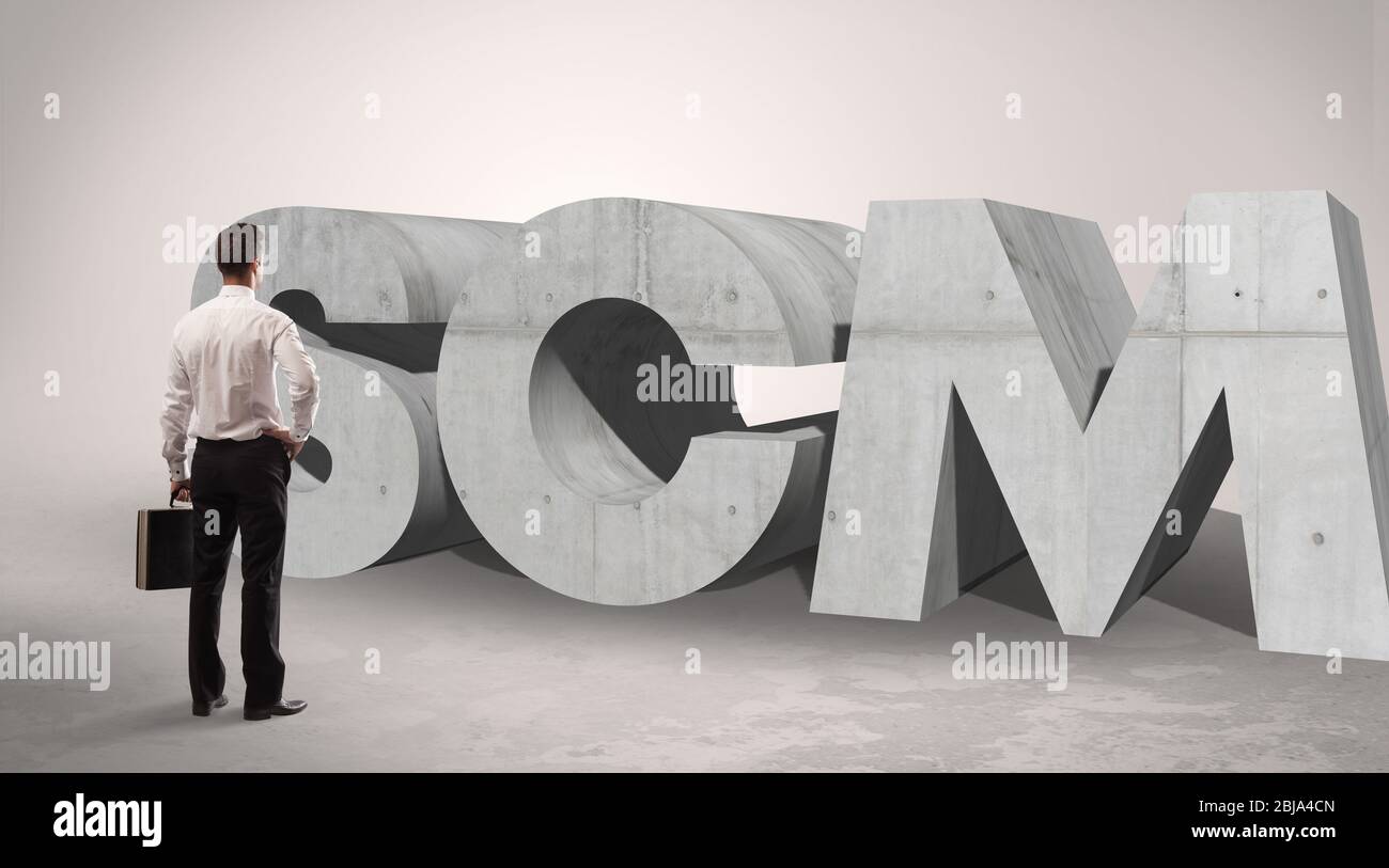 Rear view of a businessman standing in front of SCM abbreviation ...