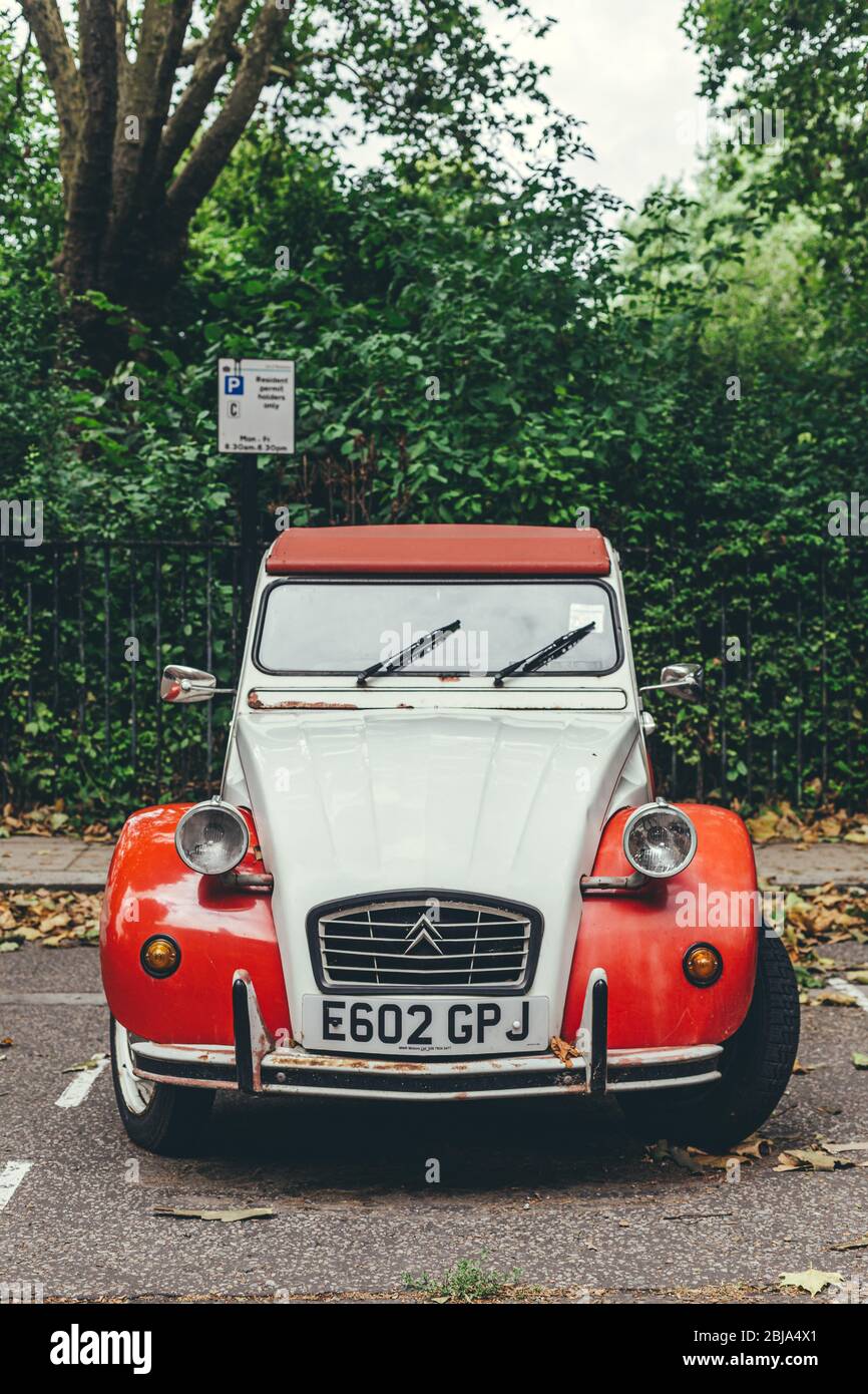 London/UK-30/7/18: white-red 1989 Citroën 2CV, with "Charleston ...