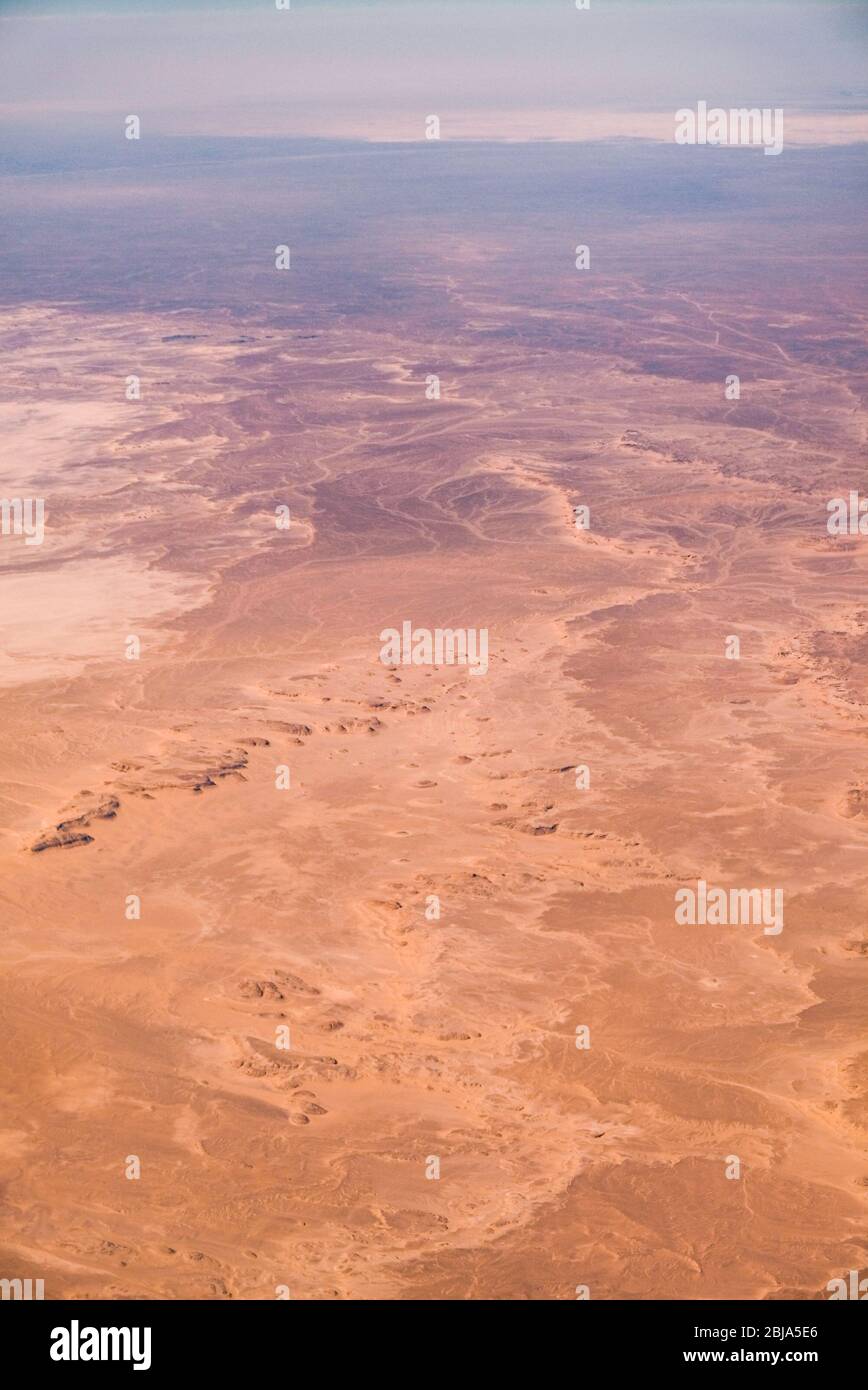 Aerial airplane view of barren Sahara desert landscape in Egypt Stock ...
