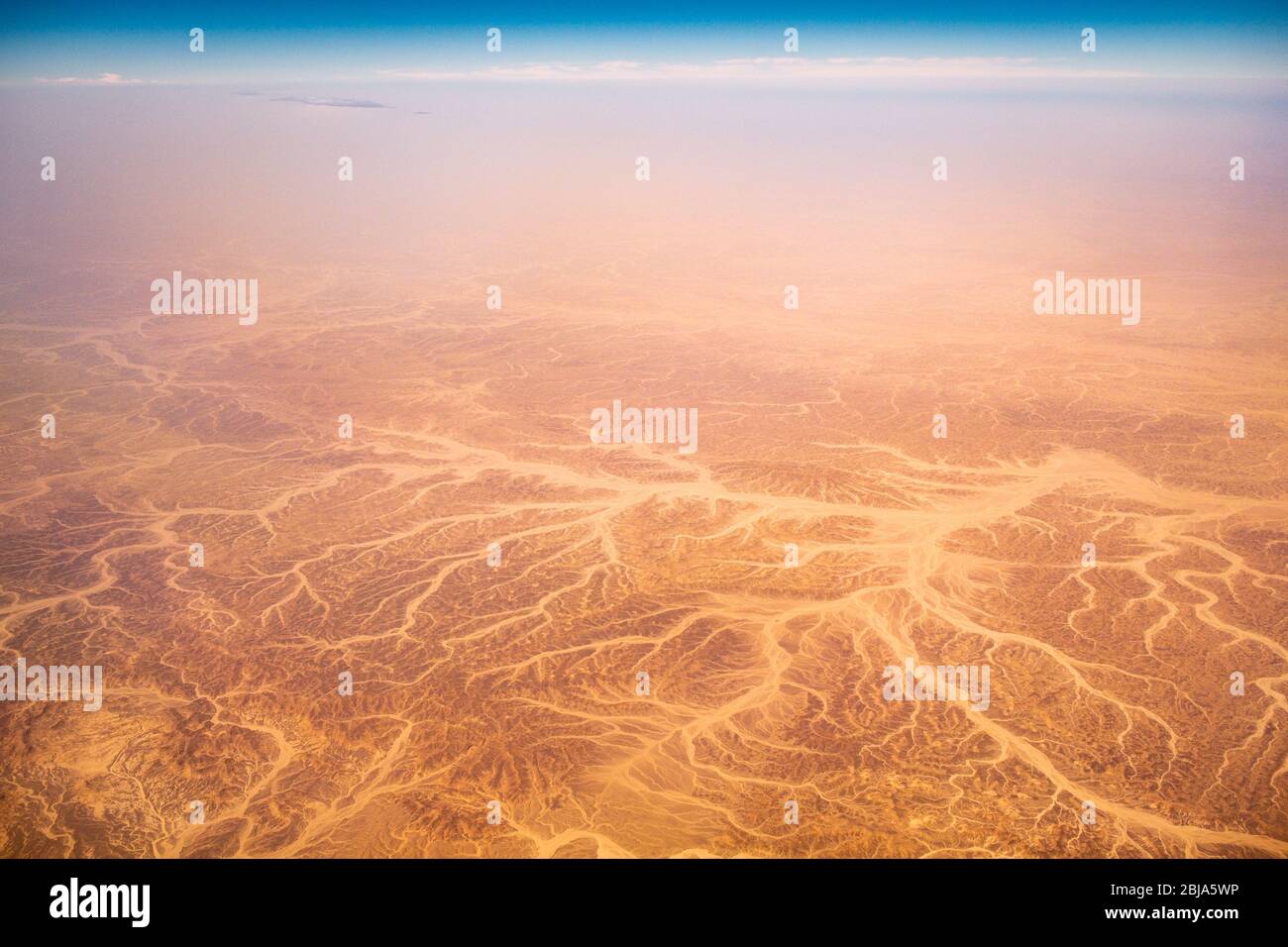 Aerial airplane view of barren Sahara desert landscape in Egypt with ...