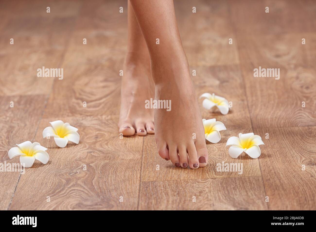 Female feet with flowers on floor Stock Photo - Alamy