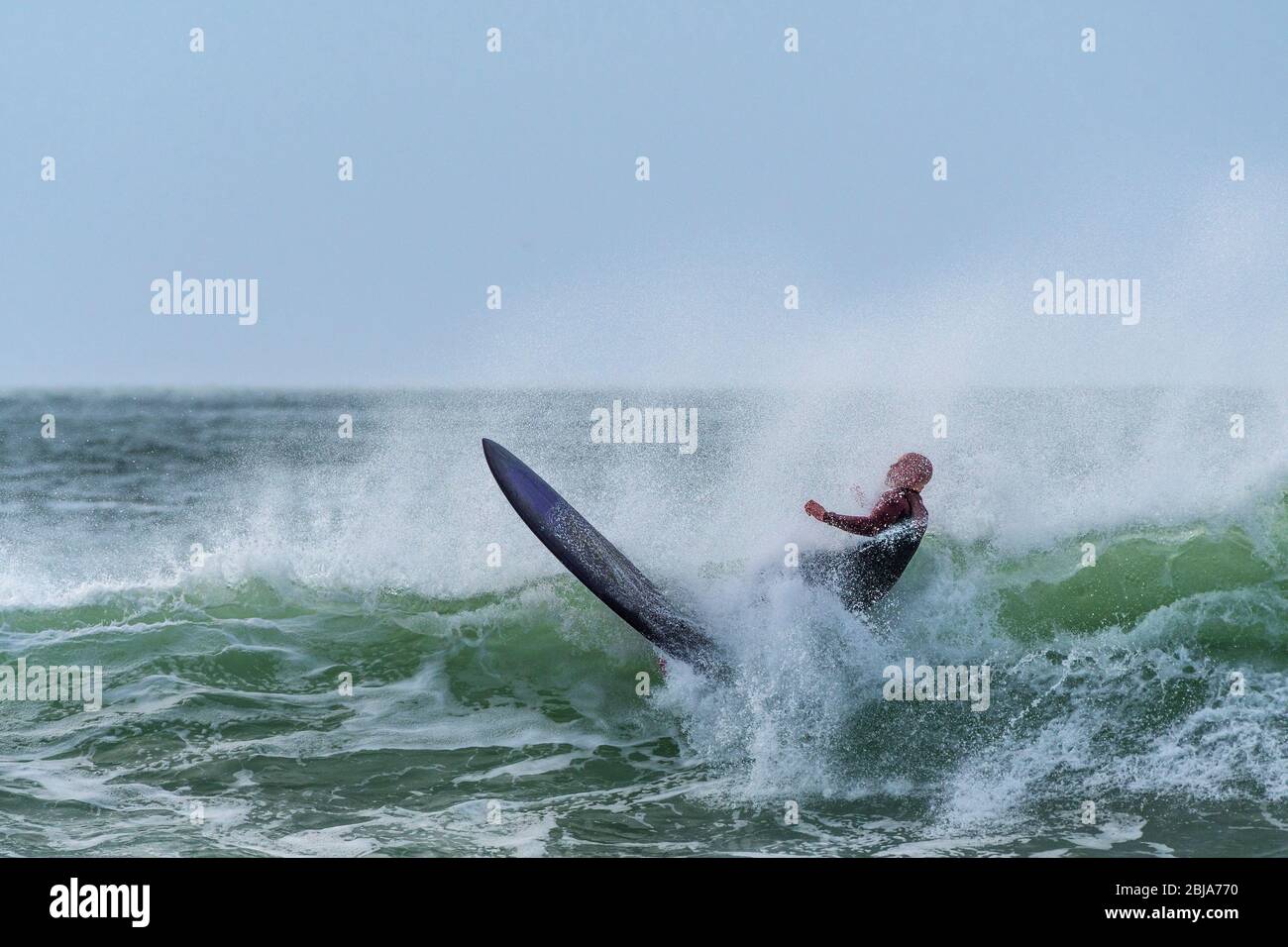 Wild spectacular surfing action at Fistral in Newquay in Cornwall Stock ...