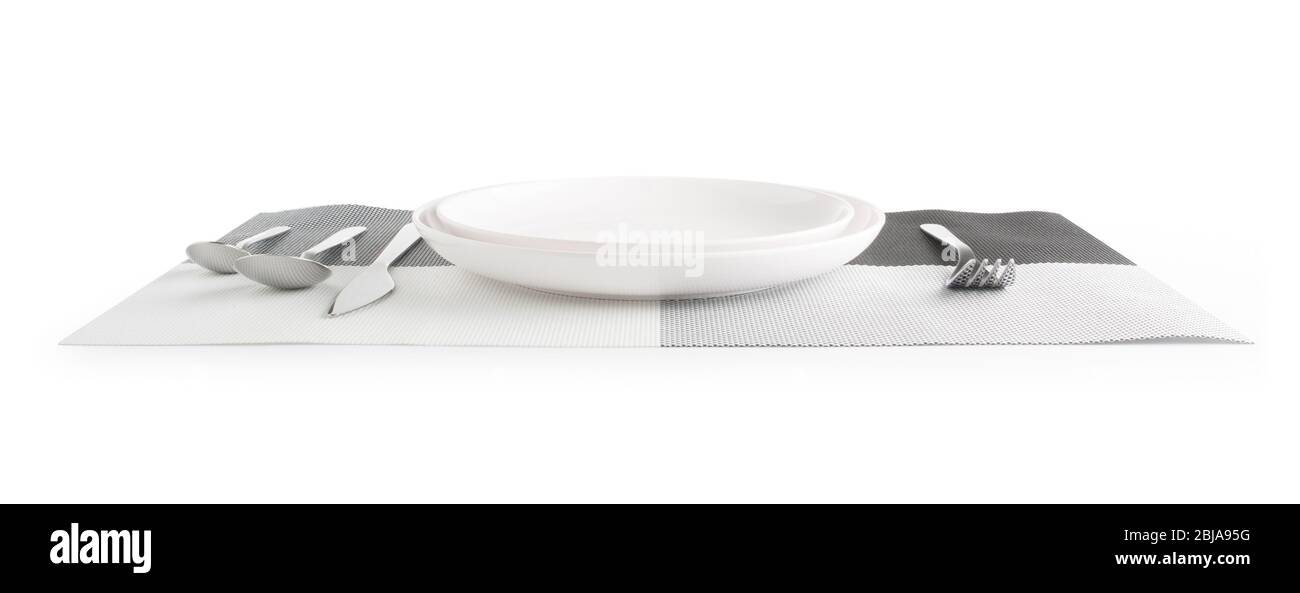 silverware or flatware set and plates isolated on white background ...