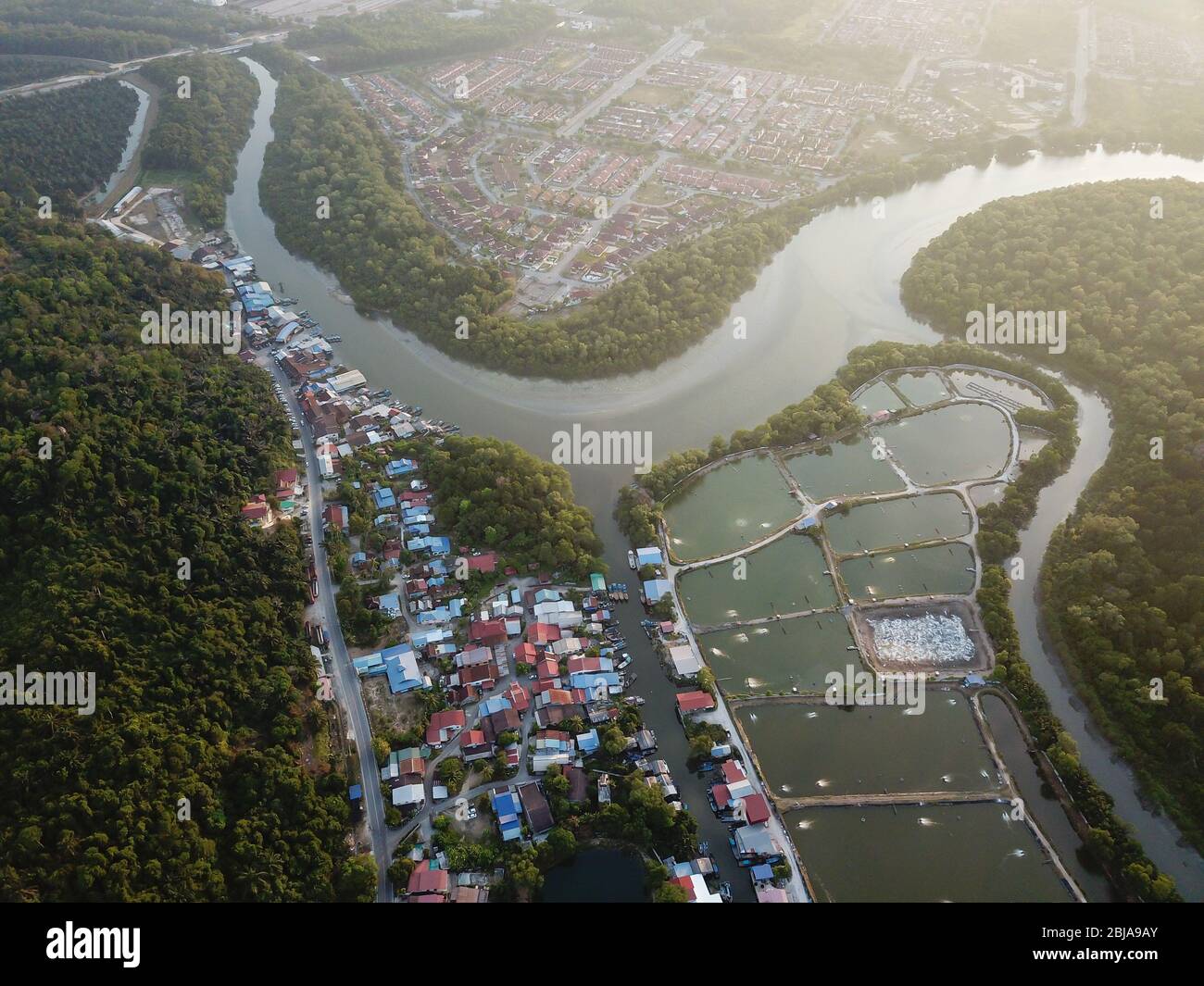 Aerial view fishing village and fish far, at Bukit Tambun, Pulau Pinang ...