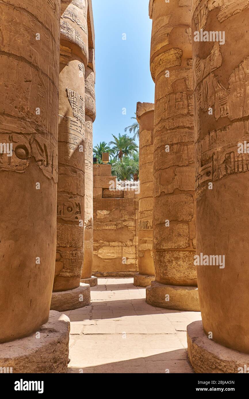 Massive pillars of the Great Hypostyle Hall in the Karnak temple ...
