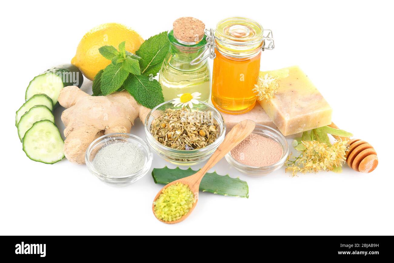 Natural ingredients for skin care on white background Stock Photo - Alamy