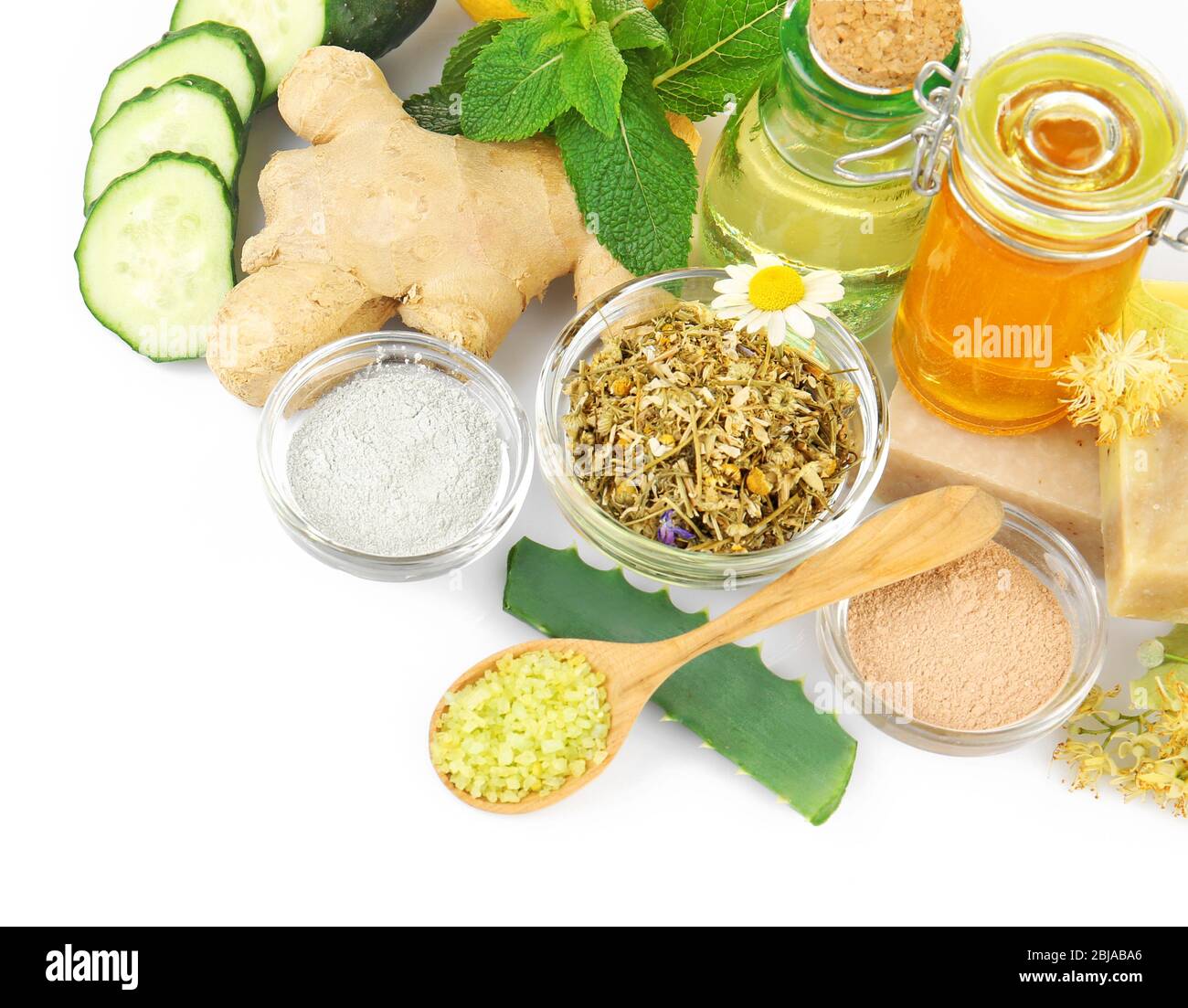 Natural ingredients for skin care on white background Stock Photo - Alamy
